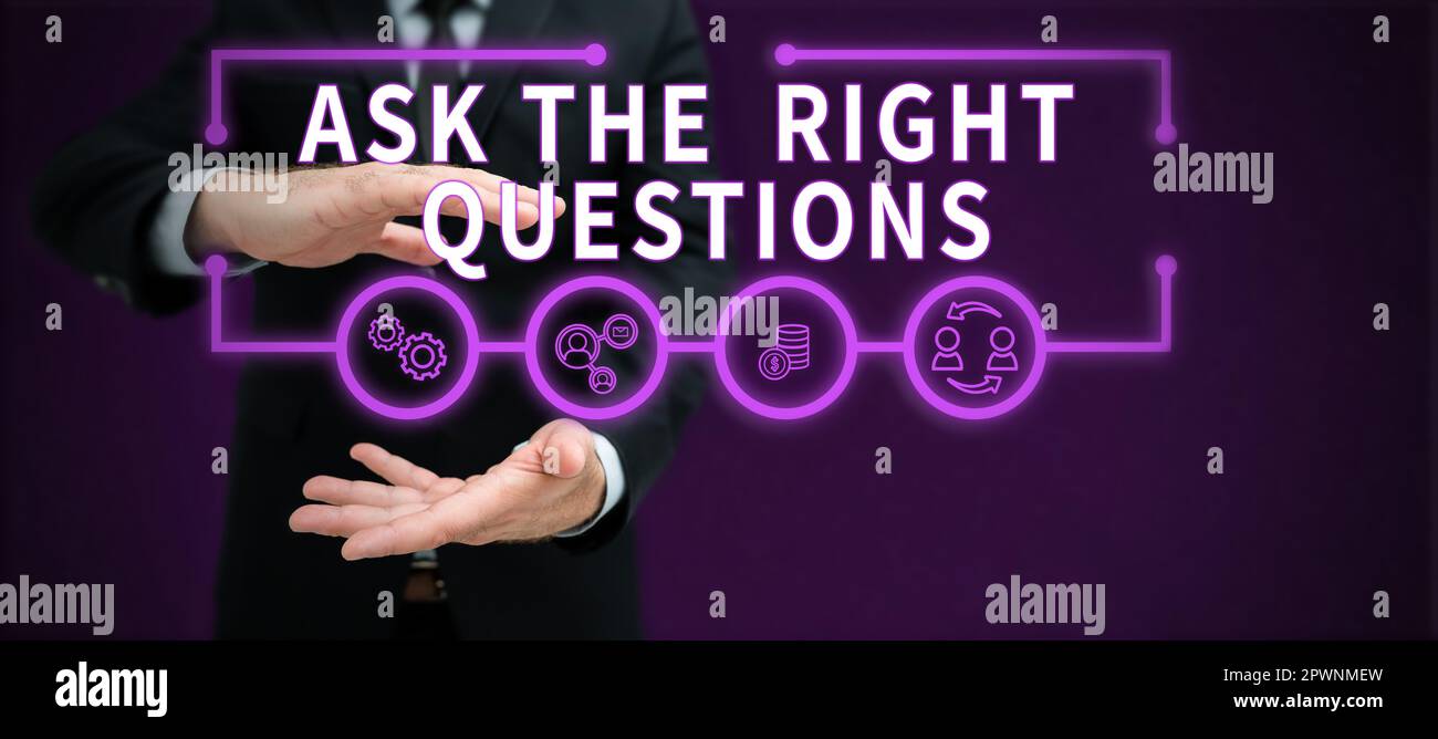 Text caption presenting Ask The Right Questions, Business concept Look ...
