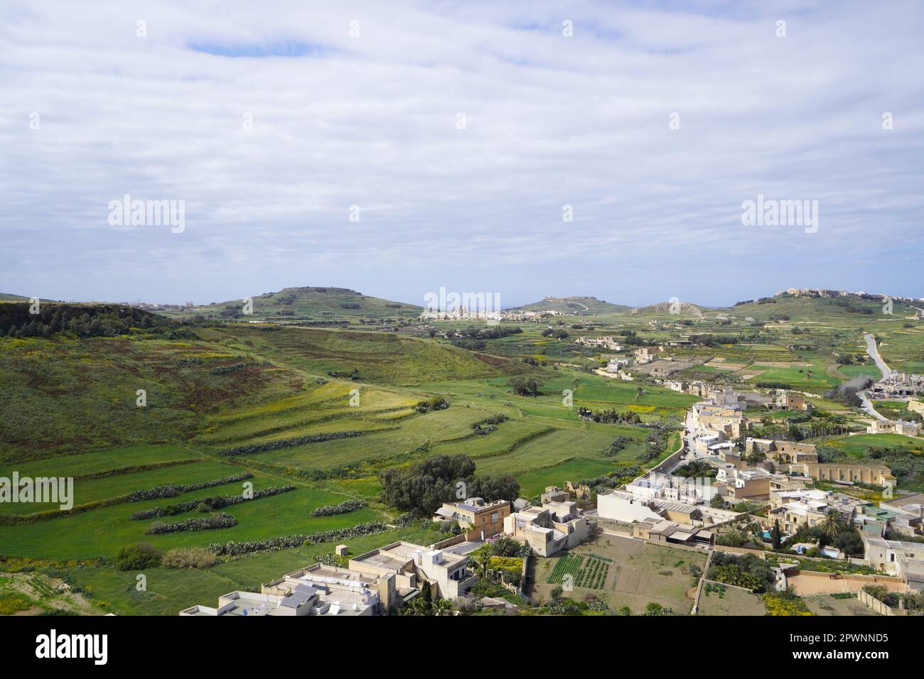 Malta, Gozo, Victoria: Panoramic view of the green fields of Gozo ...