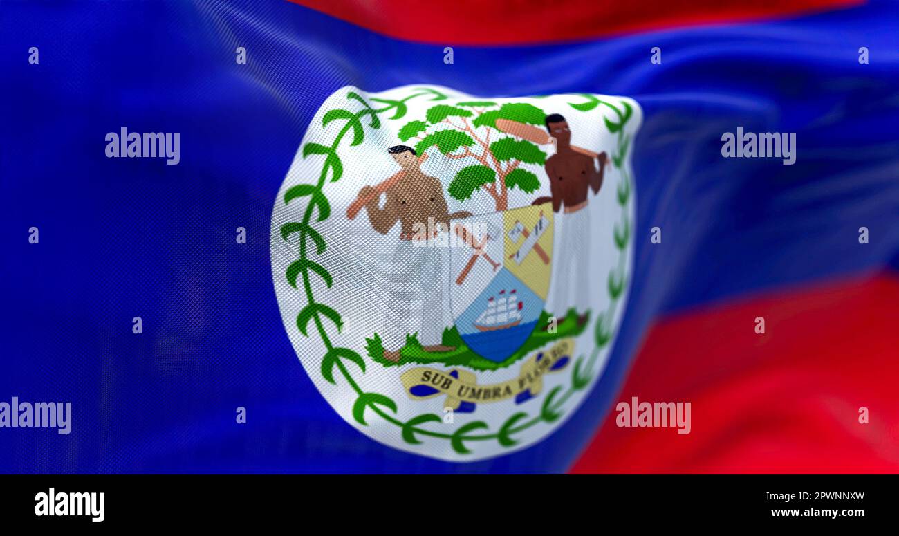 Close-up view of the Belize national flag waving in the wind. Belize is ...