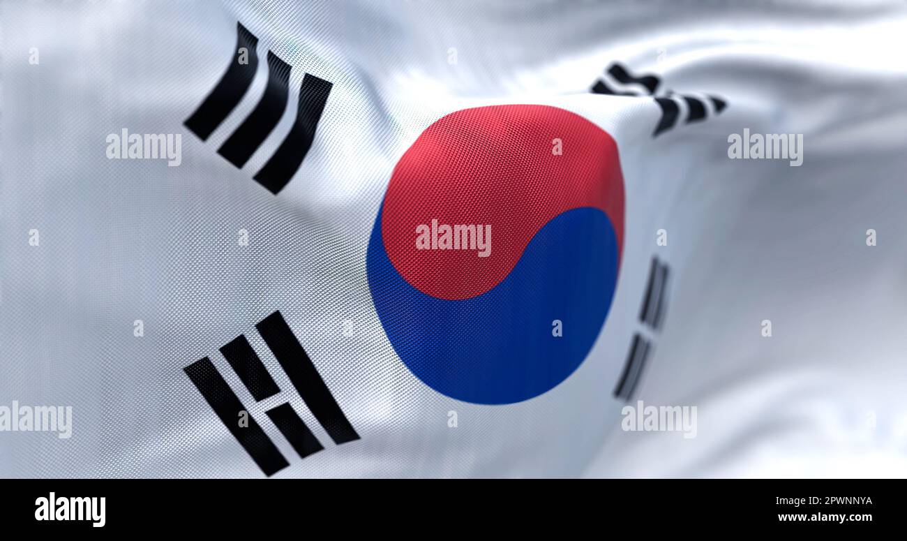 Close-up view of the South Korea national flag waving. The flag is a ...