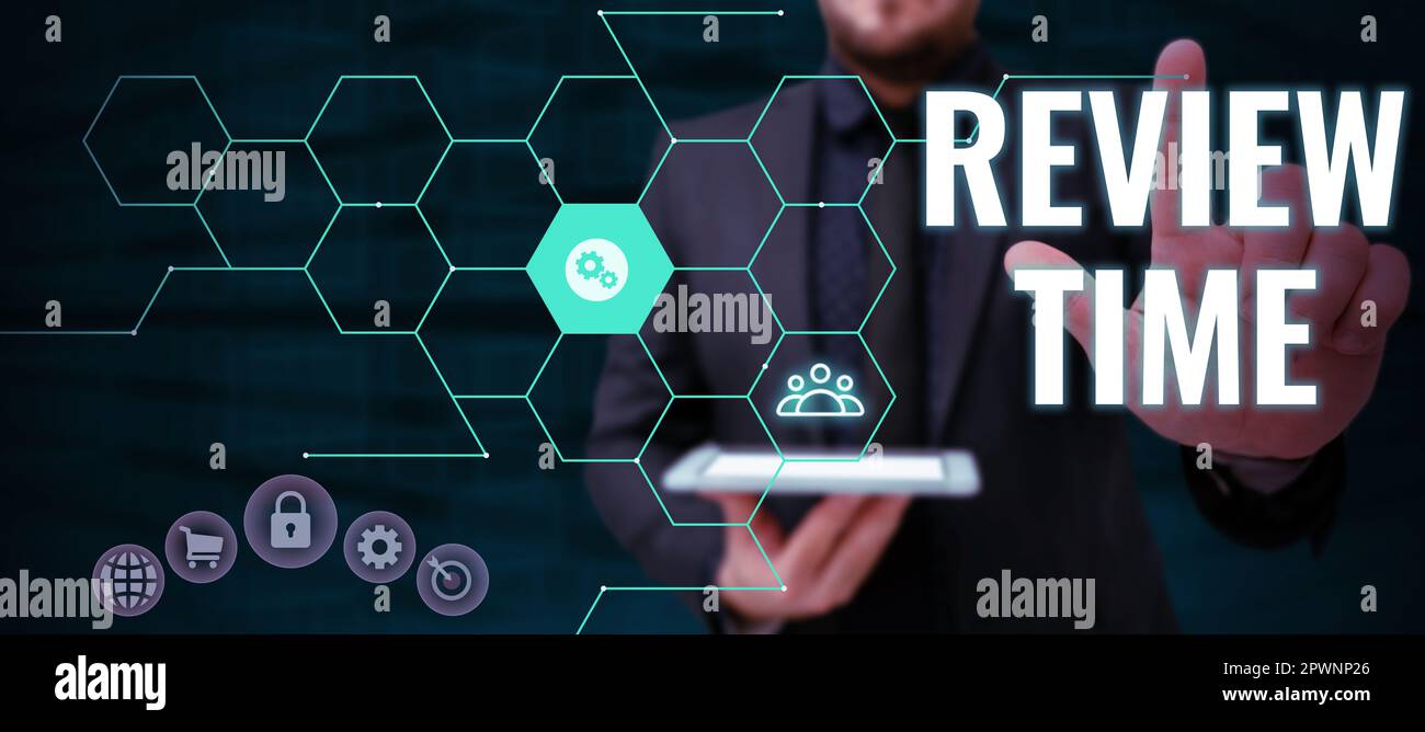 Text caption presenting Review Time, Business overview situation or ...