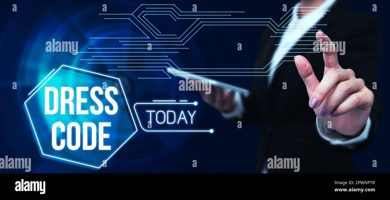 Text caption presenting Dress Code, Business overview an accepted way ...
