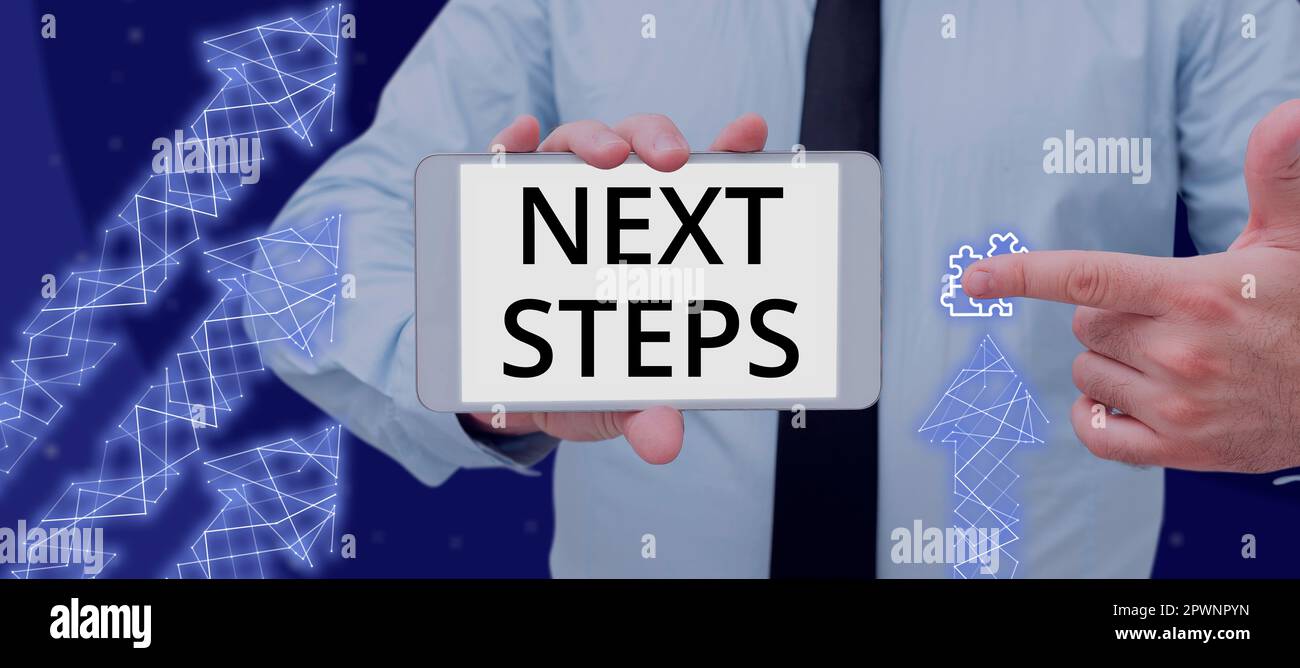 Sign displaying Next Steps, Word Written on numper of process going to ...