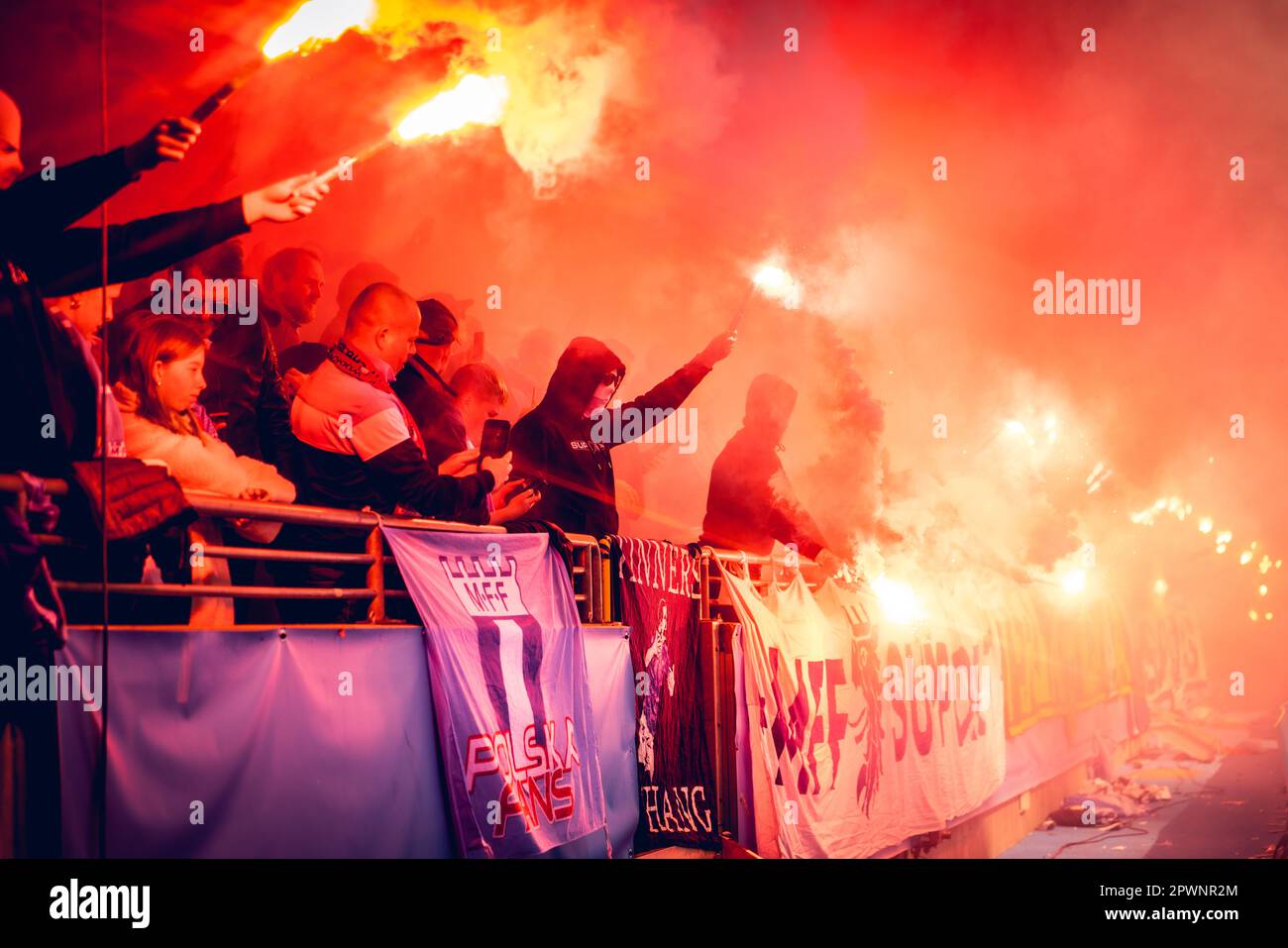 Malmoe, Sweden. 30th Apr, 2023. Football fans of Malmo FF seen with ...