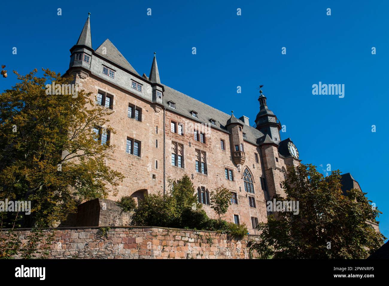 The facade of the main building of the Marburg Castle in lower view in ...