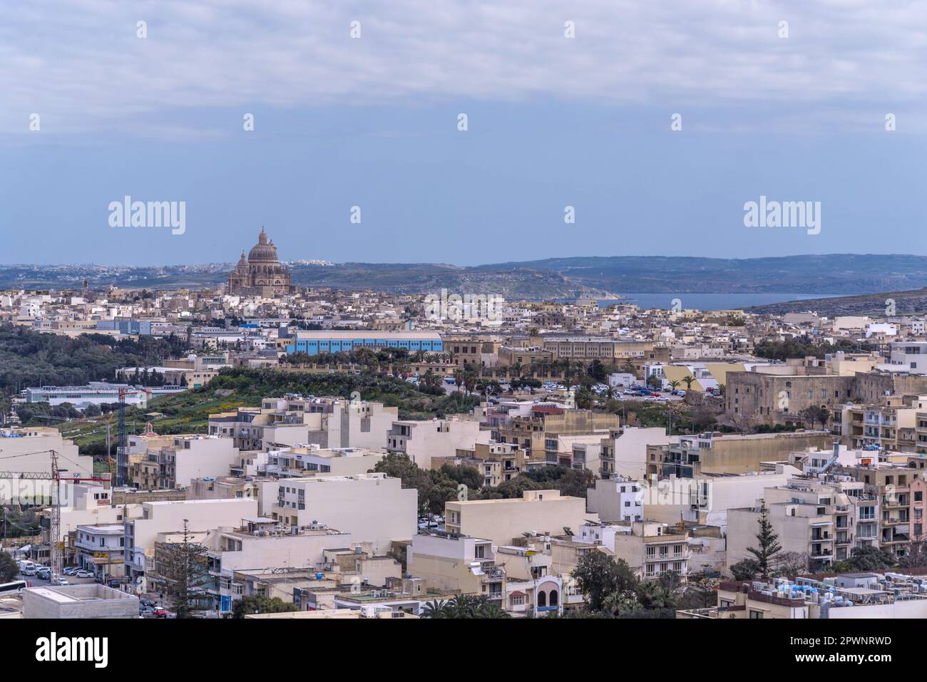 Panoramic view of the main town on the island of Gozo, seen from the ...