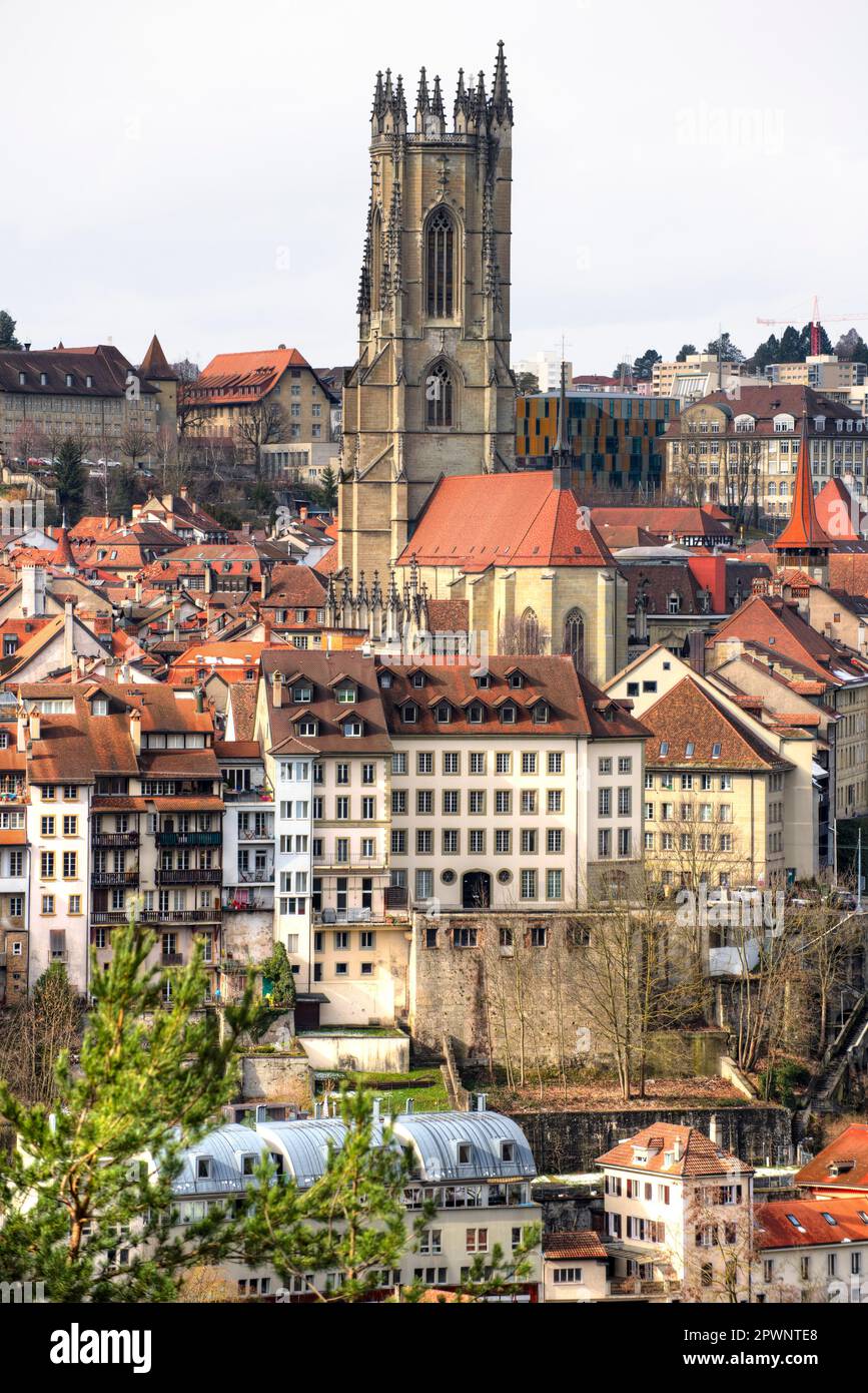 Old town of Fryborg in Switzerland with typical historical houses and ...