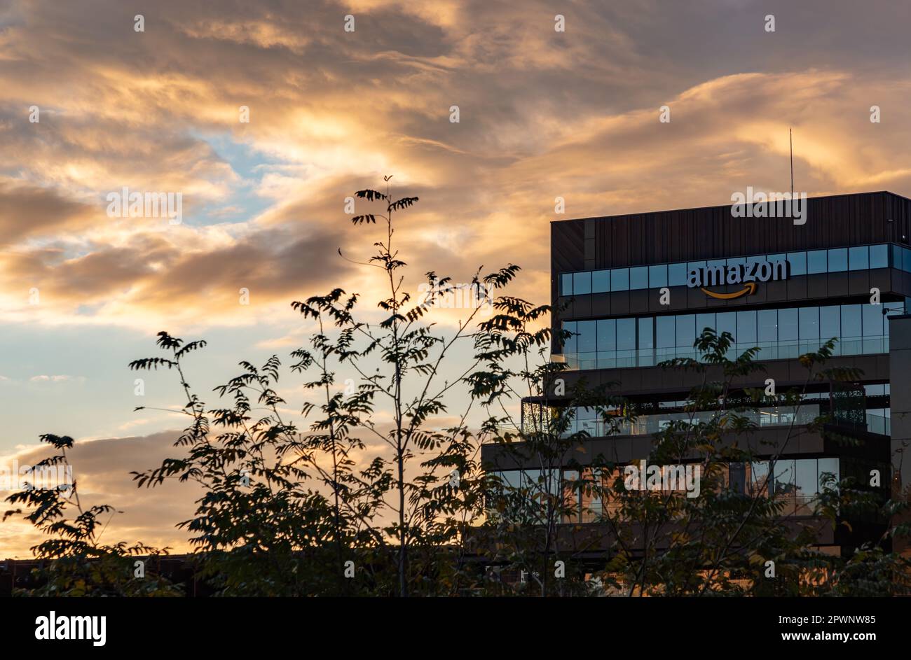 A picture of the Amazon Office in Iasi at sunrise, part of the Amazon ...