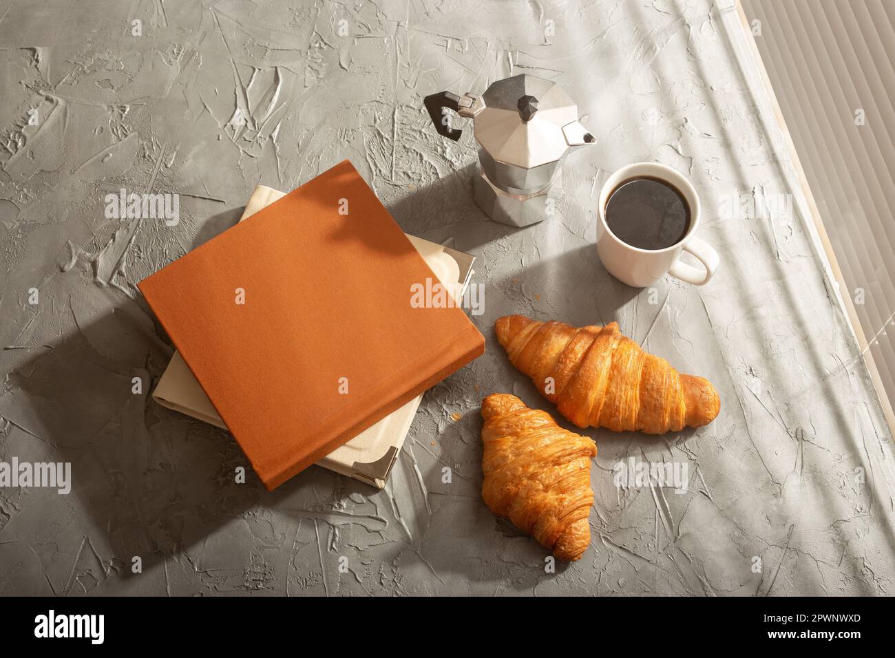 Still life for pleasant morning coffee turk cup and croissants with two ...