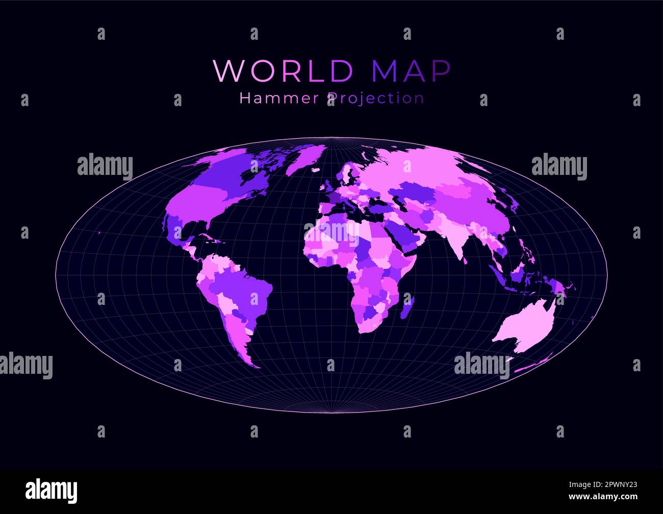 World Map. Hammer projection. Digital world illustration. Bright pink ...