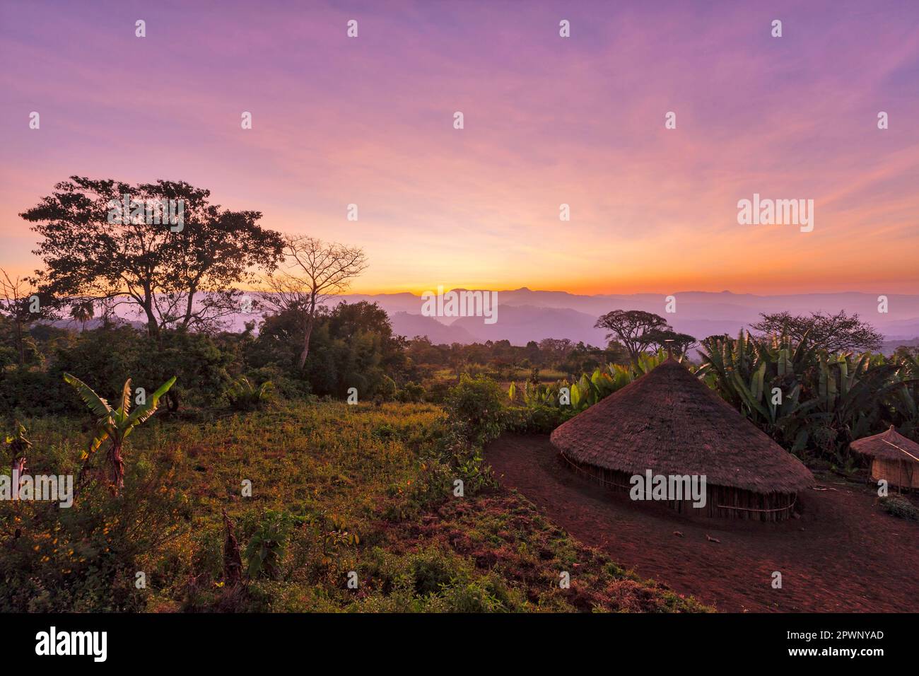 Thatched huts with silhouetted mountains in background at dawn Stock ...
