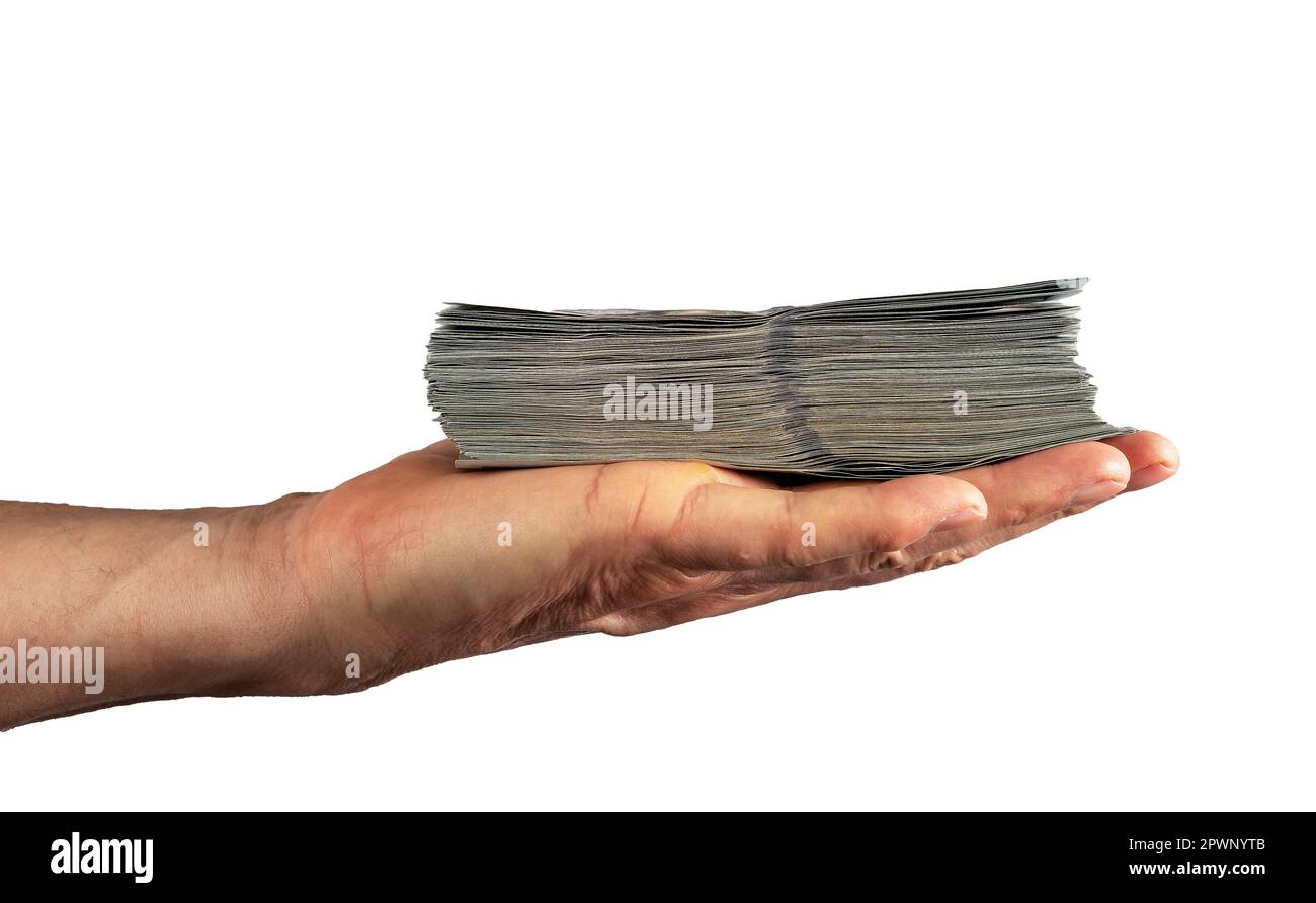 Hand palm holding dollars money stack, bank notes isolated on white ...