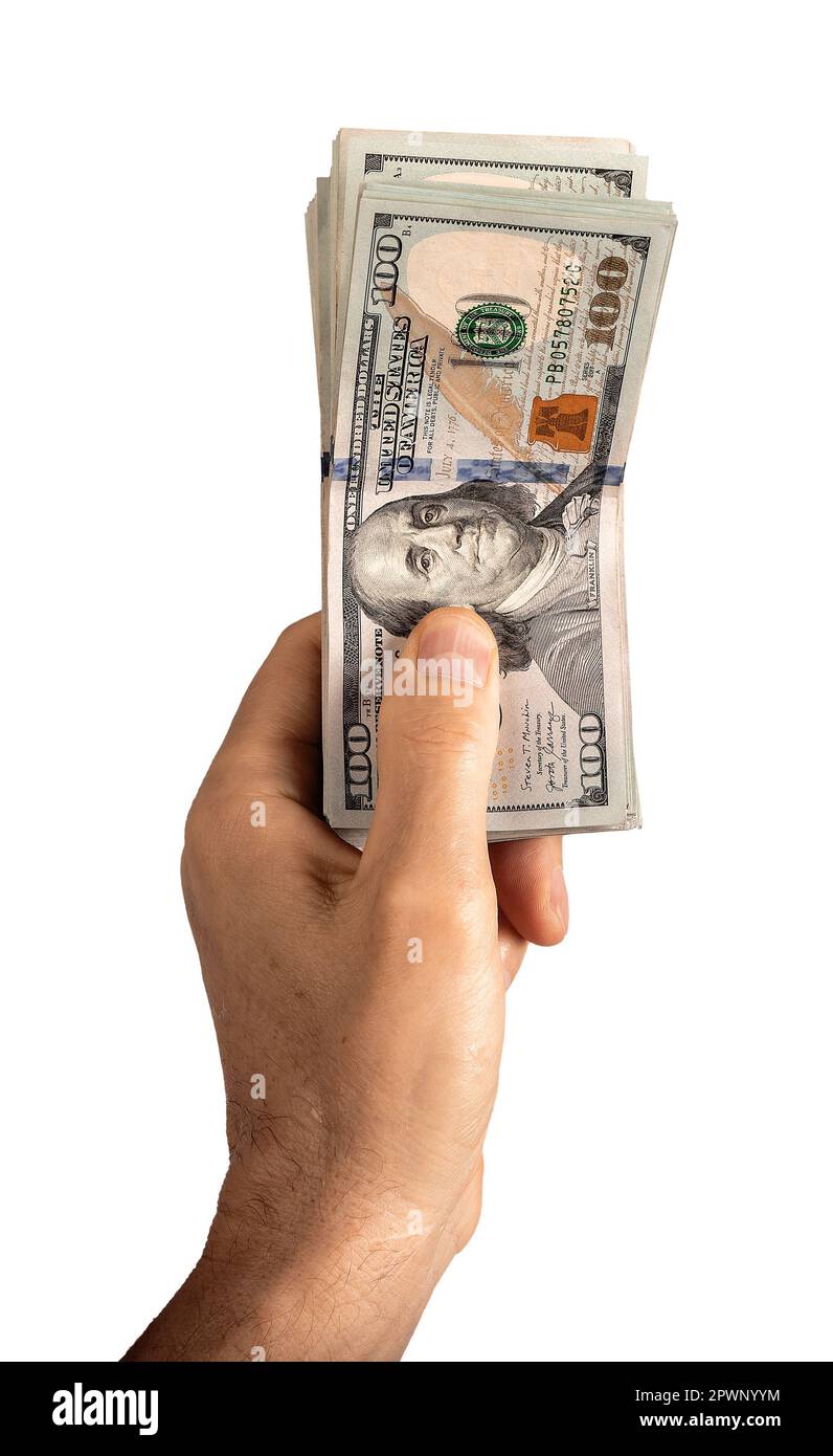 Hand holding 100 dollar bills, money, bank notes, us banknotes isolated ...