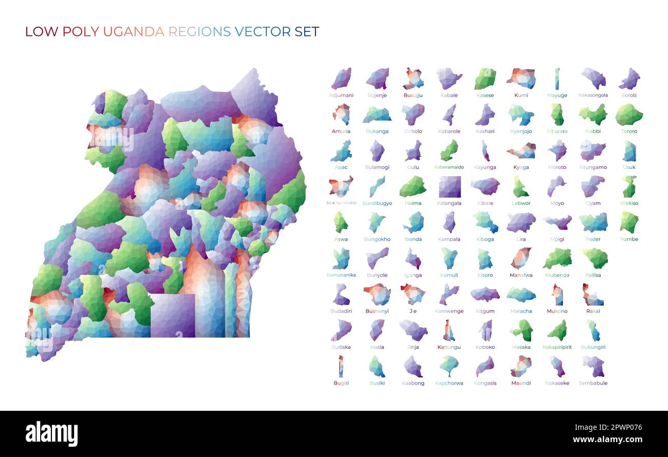 Ugandan low poly regions. Polygonal map of Uganda with regions ...