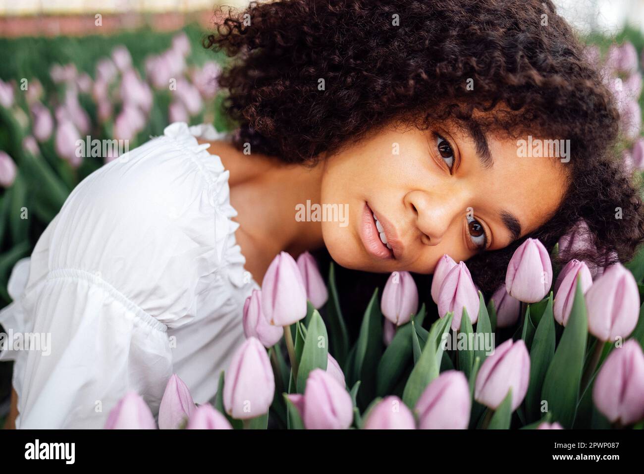 Close up of female portrait of cute charming african ethnicity girl ...