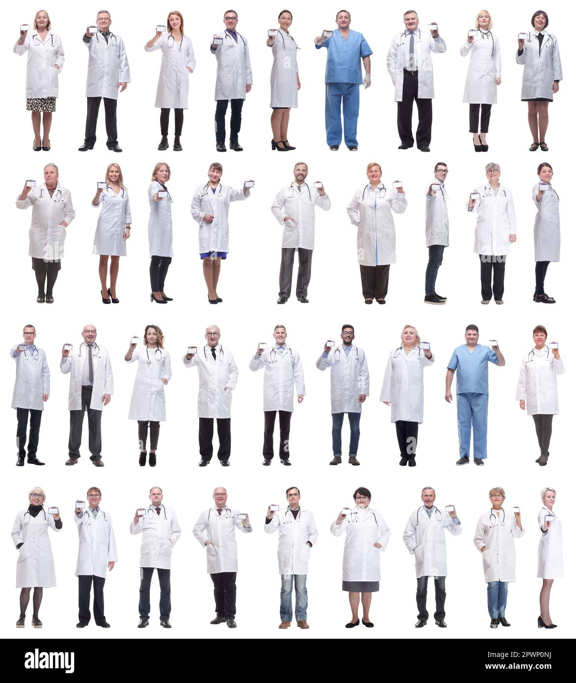 full length group of doctors showing badge isolated Stock Photo - Alamy