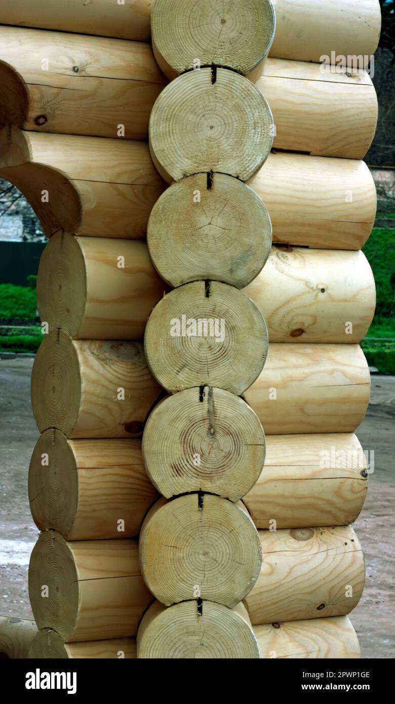 Construction of a wooden house from wooden logs Stock Photo - Alamy