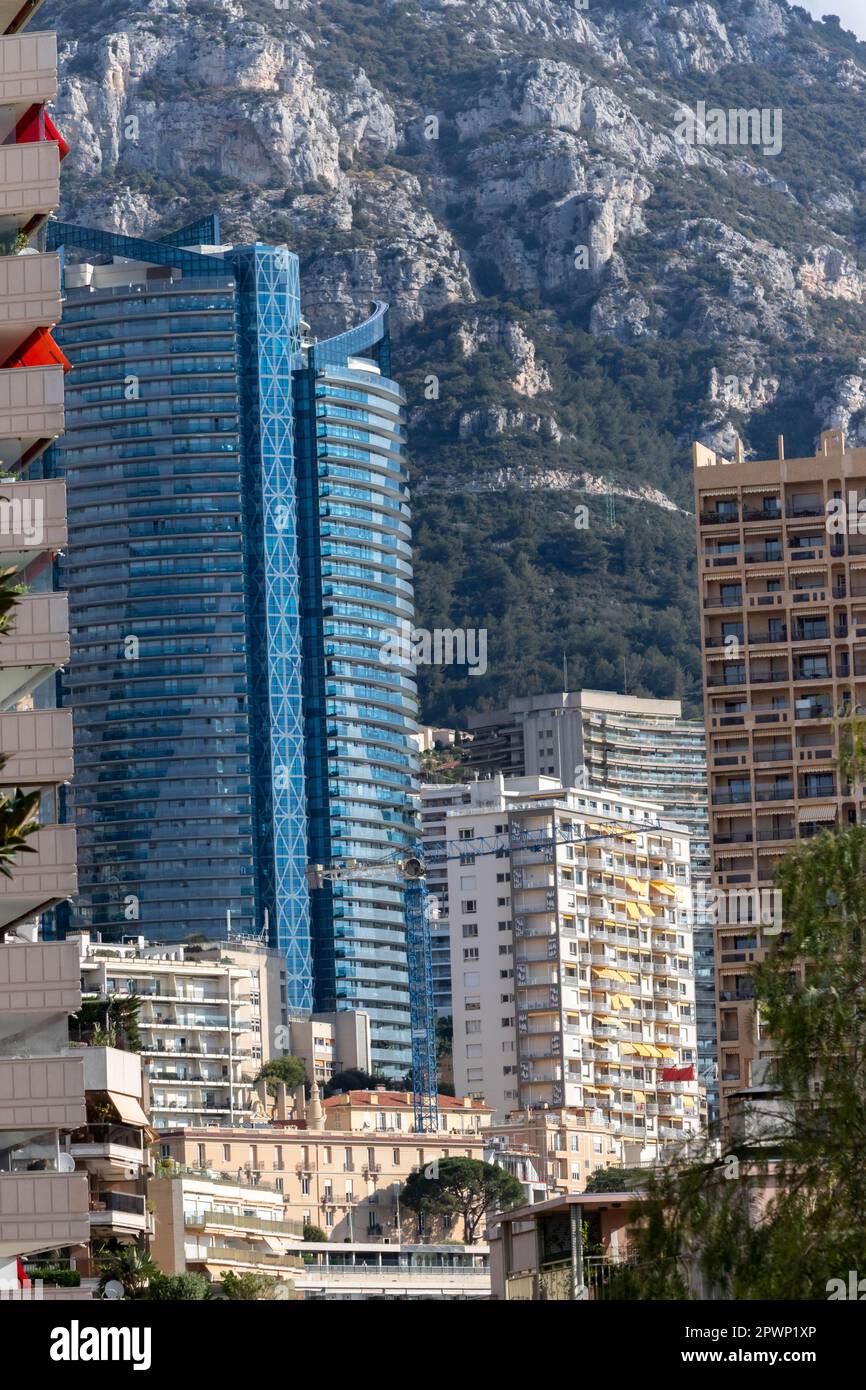 La Rousse, Monaco, April 22nd 2023:- A view of the Tour Odeon (Odeon ...