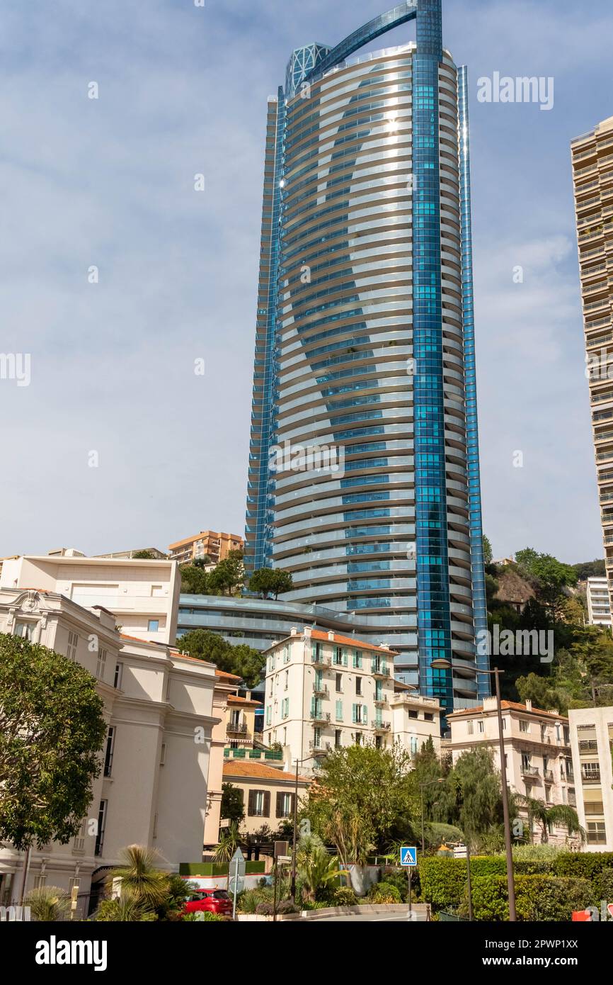 La Rousse, Monaco, April 22nd 2023:- A view of the Tour Odeon (Odeon Tower) the tallest building ...