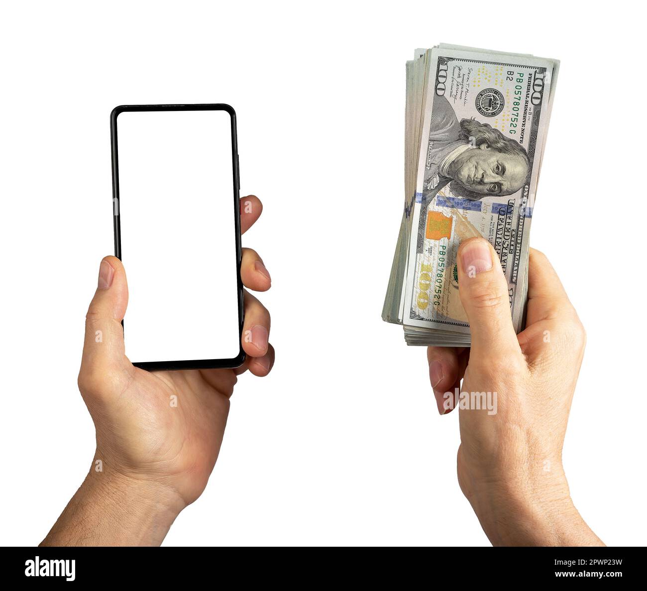 Hand holding mobile phone screen mockup and paper money, dollars ...