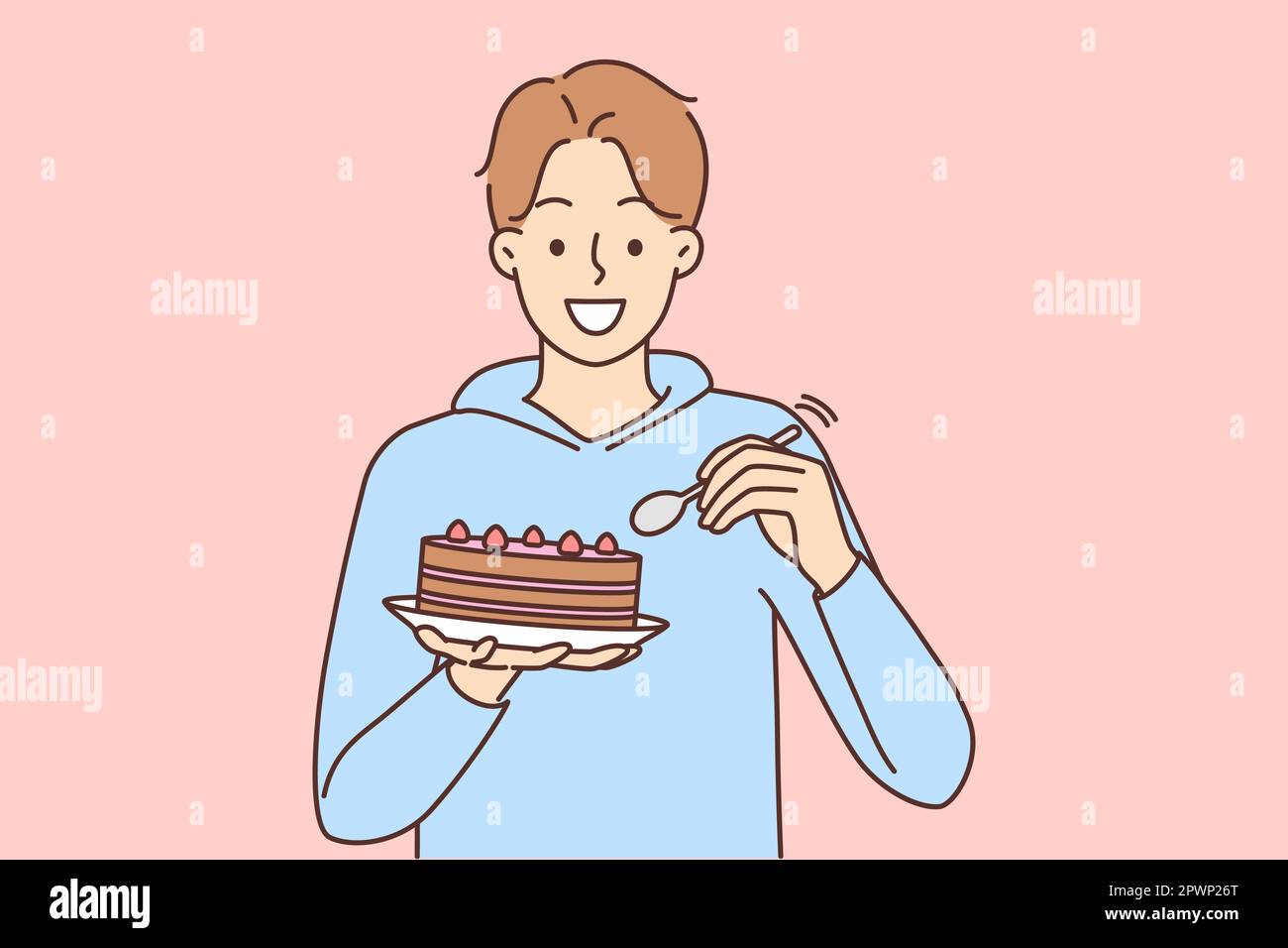 Smiling young man eating cake with spoon. Happy male enjoy chocolate ...
