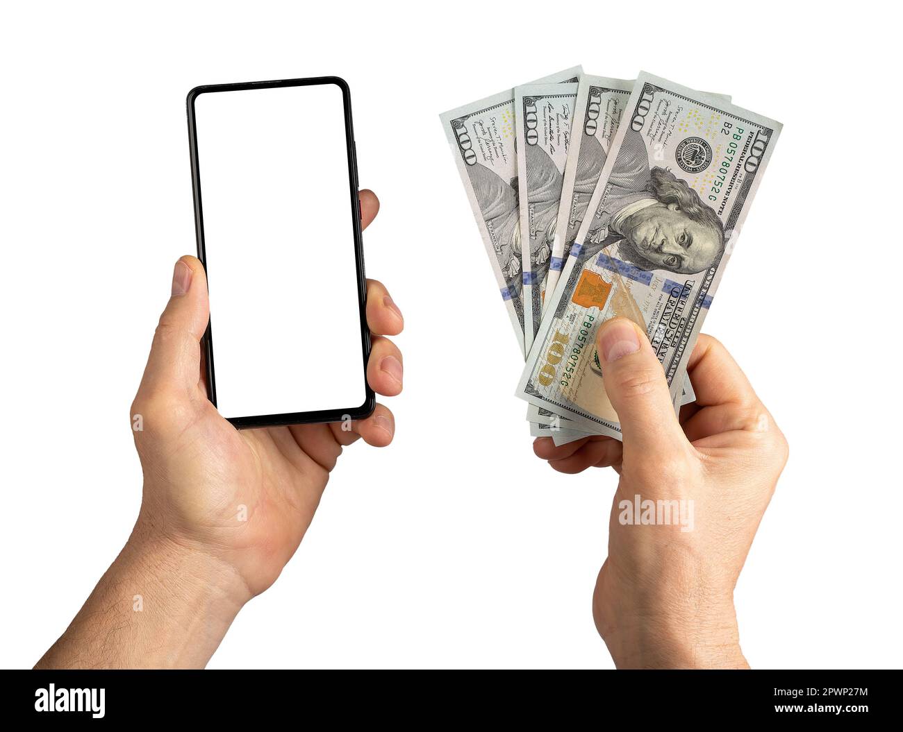 Hand holding mobile phone screen mockup and paper money, dollars ...