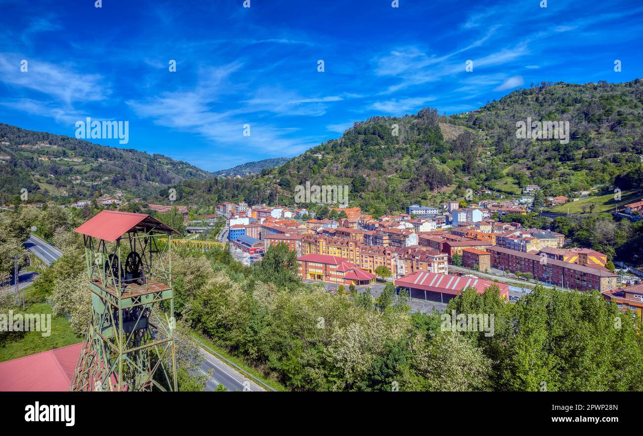 Aerial view of the town of Sotrondio in Asturias, seen from the Pozo ...