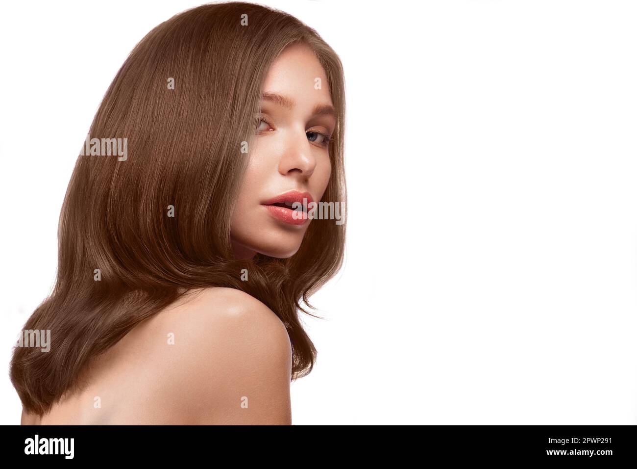 Beautiful brown-haired girl with a perfectly curls hair, and classic ...