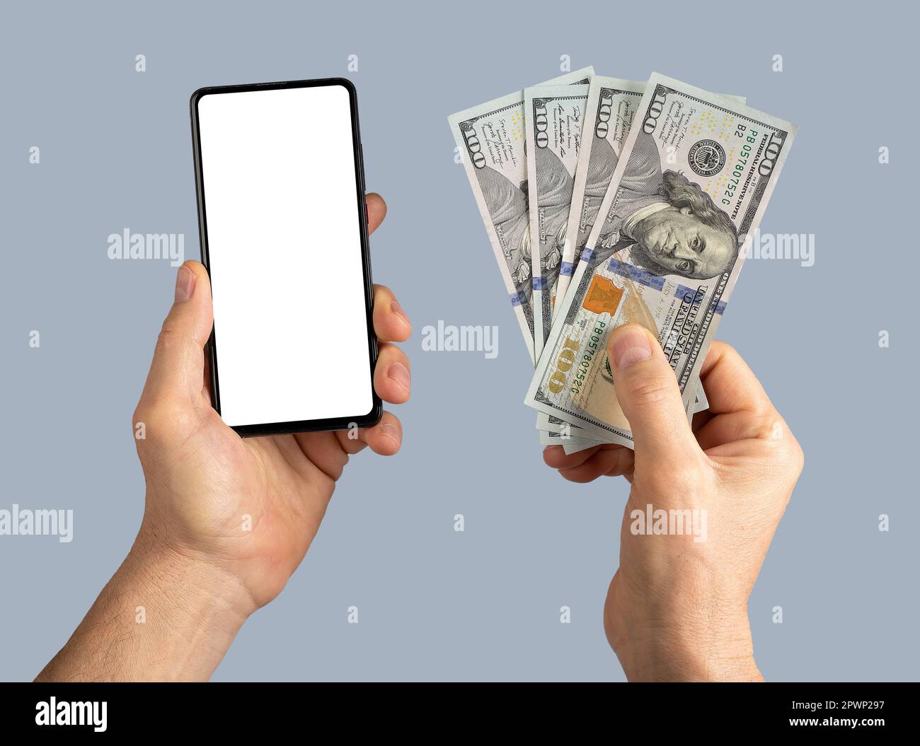 Hand holding mobile phone screen mockup and paper money, dollar ...