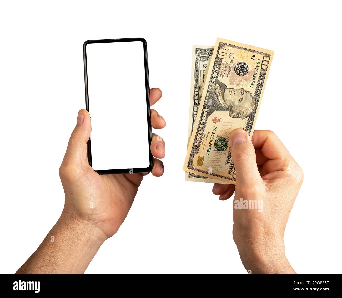 Hand holding mobile phone screen mockup and paper money, dollars ...