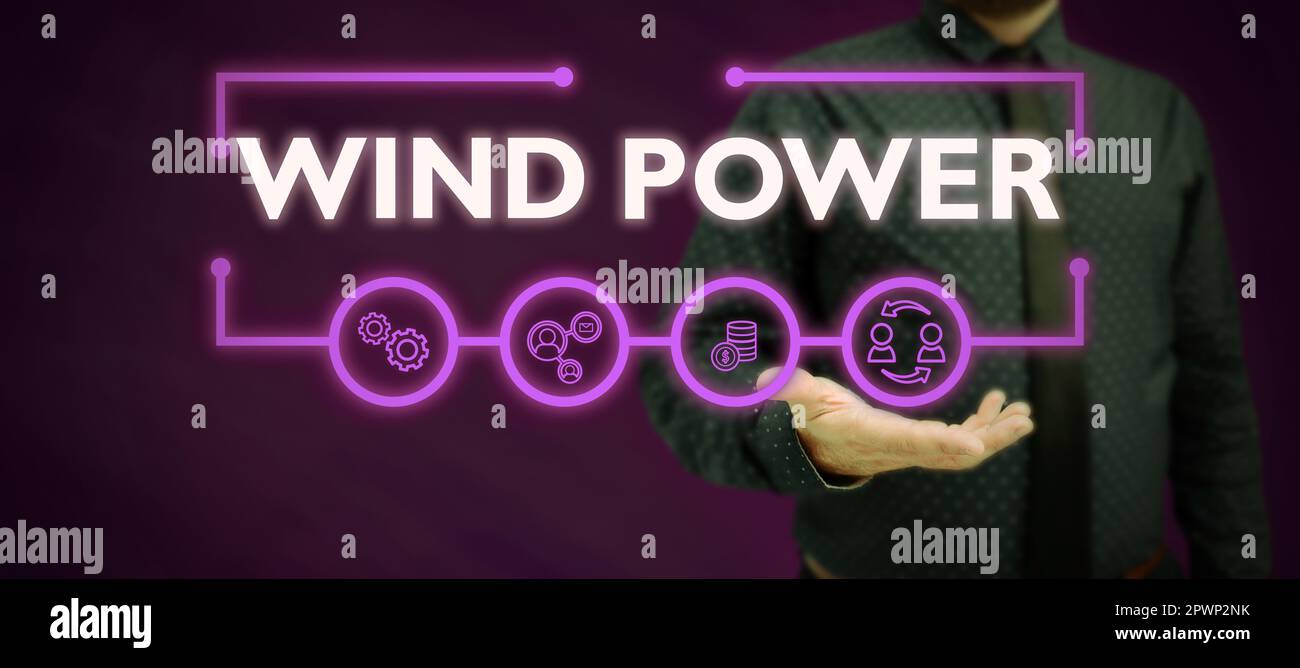 Text sign showing Wind Power, Business idea use of air flow to provide mechanical power to turn ...