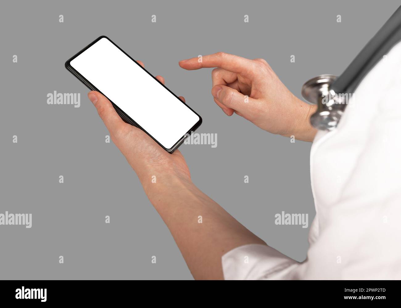 Doctor hand using mobile phone screen mockup. Medical smartphone mock ...