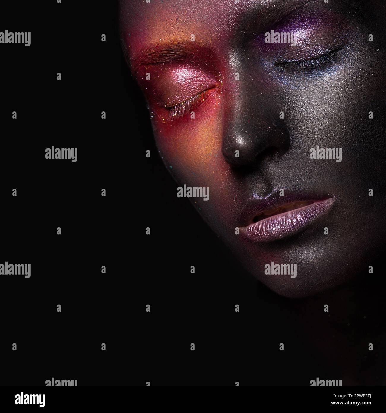 Beautiful girl with art space makeup on her face and body. Glitter Face ...