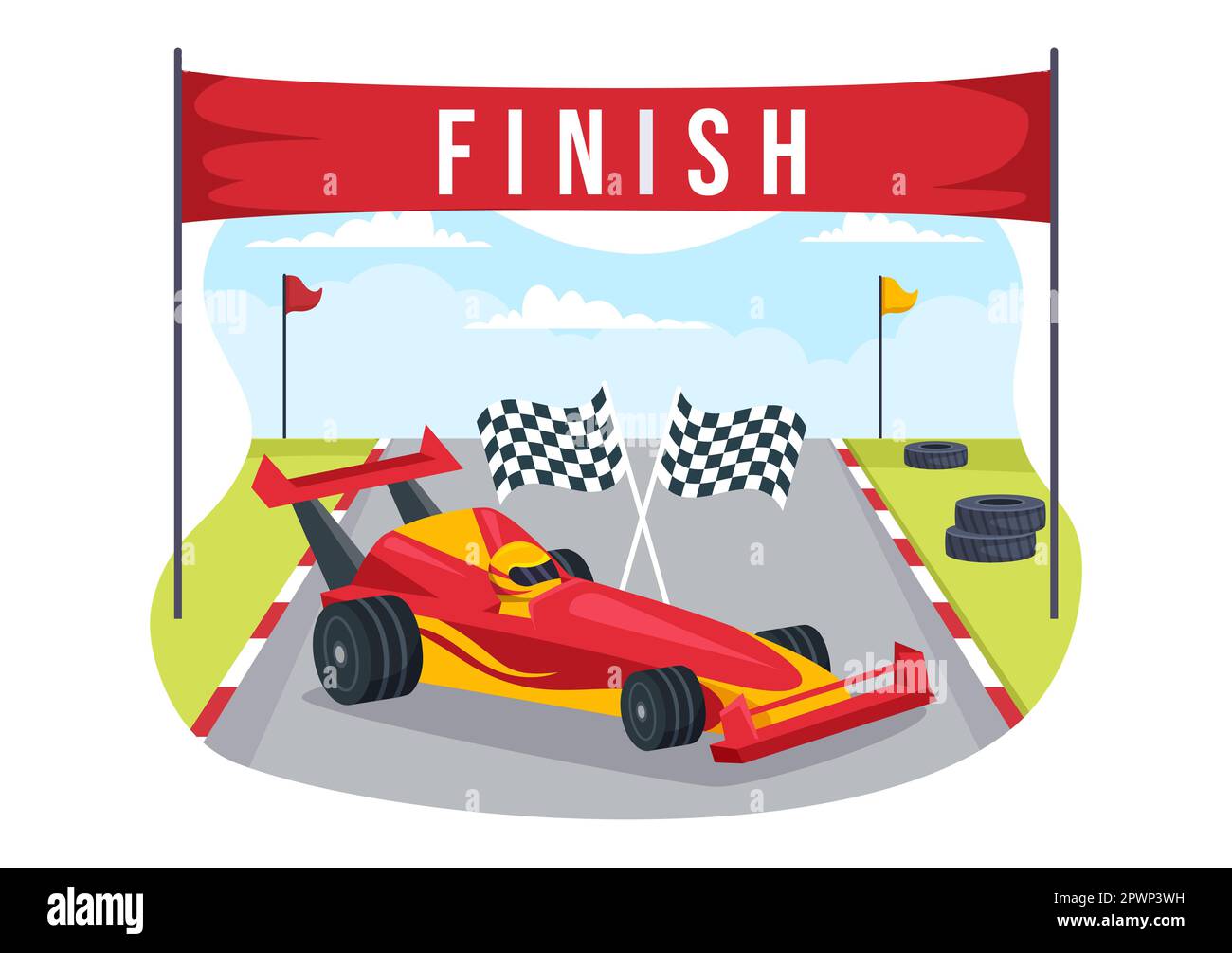 Formula Racing Sport Car Reach on Race Circuit the Finish Line Cartoon ...