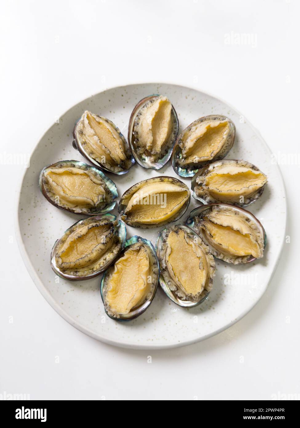 Delicious raw abalone in a plate on white table background Stock Photo ...