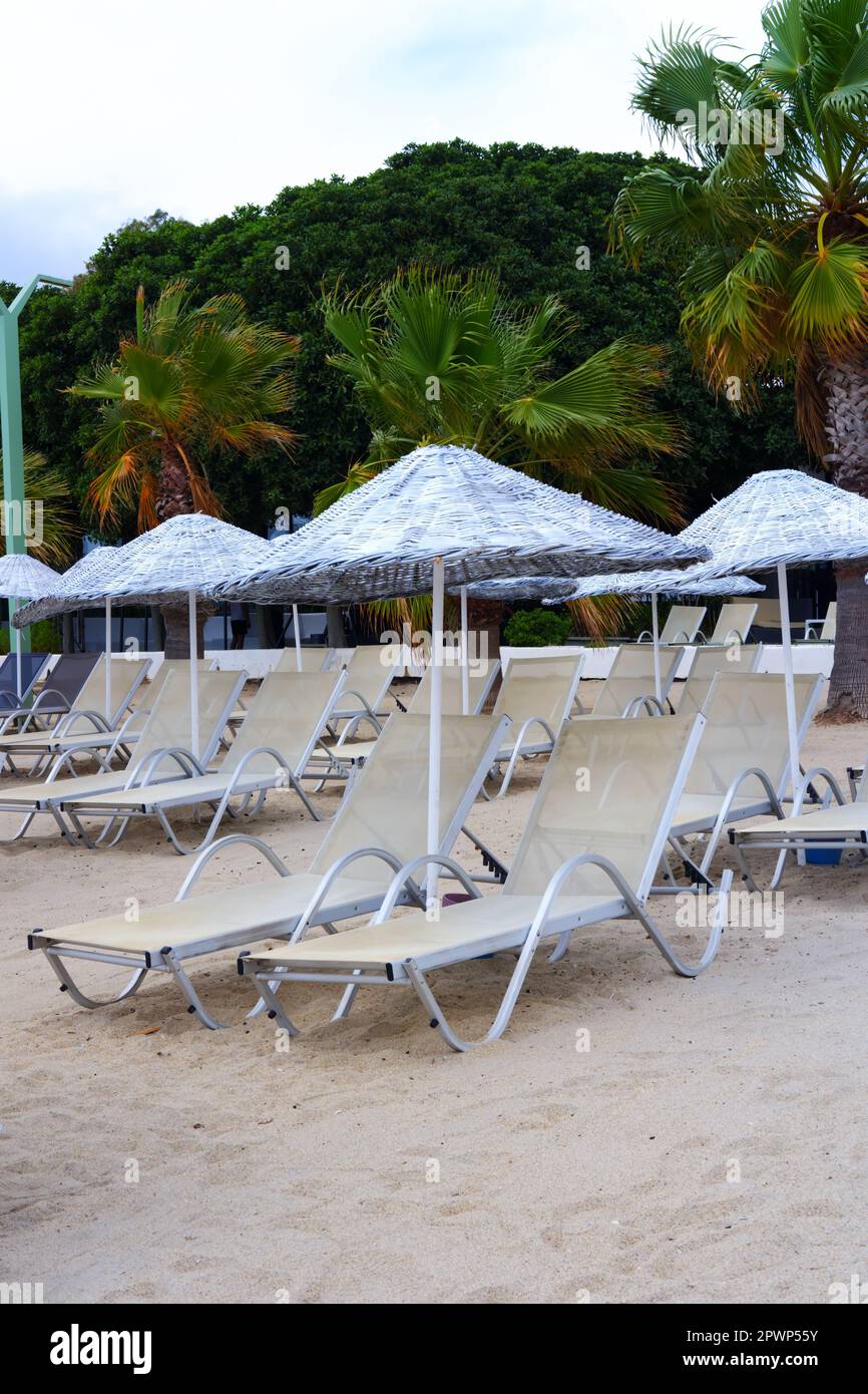 Empty seabeds at sandy beach with bambu umbrellas. Hills and trees at ...