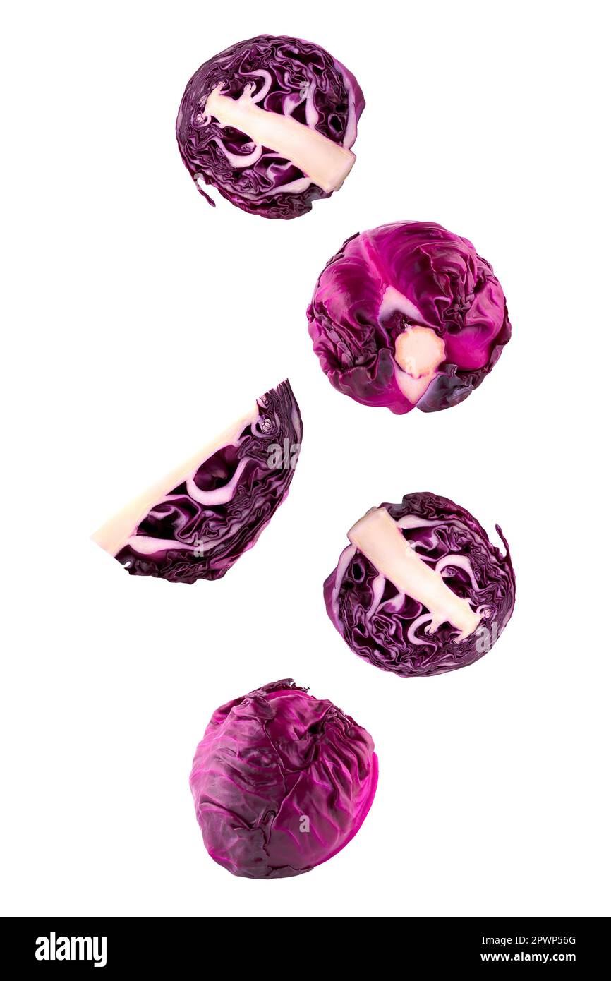 Isolated flying vegetables. Five whole and sliced red chicory falling ...