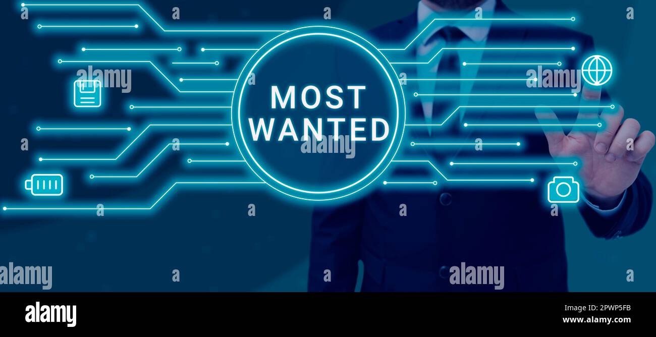Text sign showing Most Wanted, Word Written on listing of the names of ...