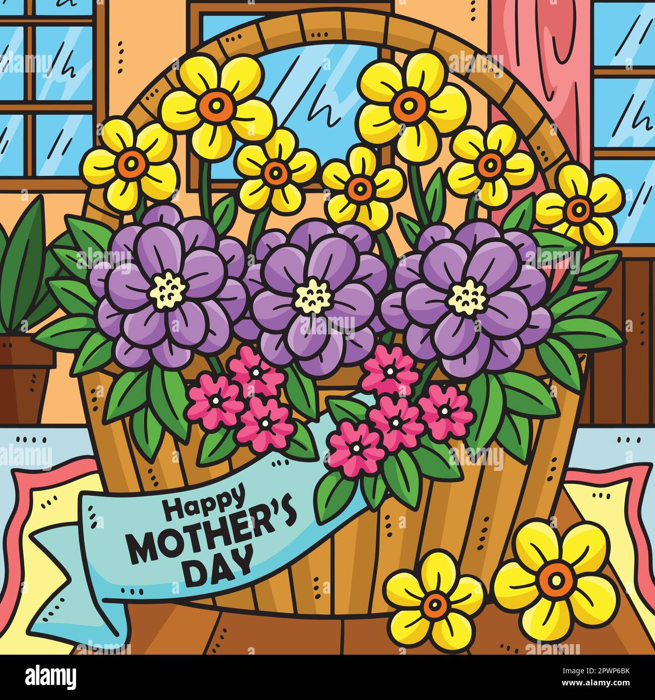 Mothers Day Basket of Flowers Colored Cartoon Stock Vector Image & Art ...