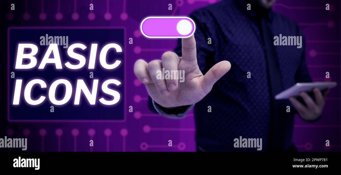 Text sign showing Basic Icons, Concept meaning pictogram or ideogram ...