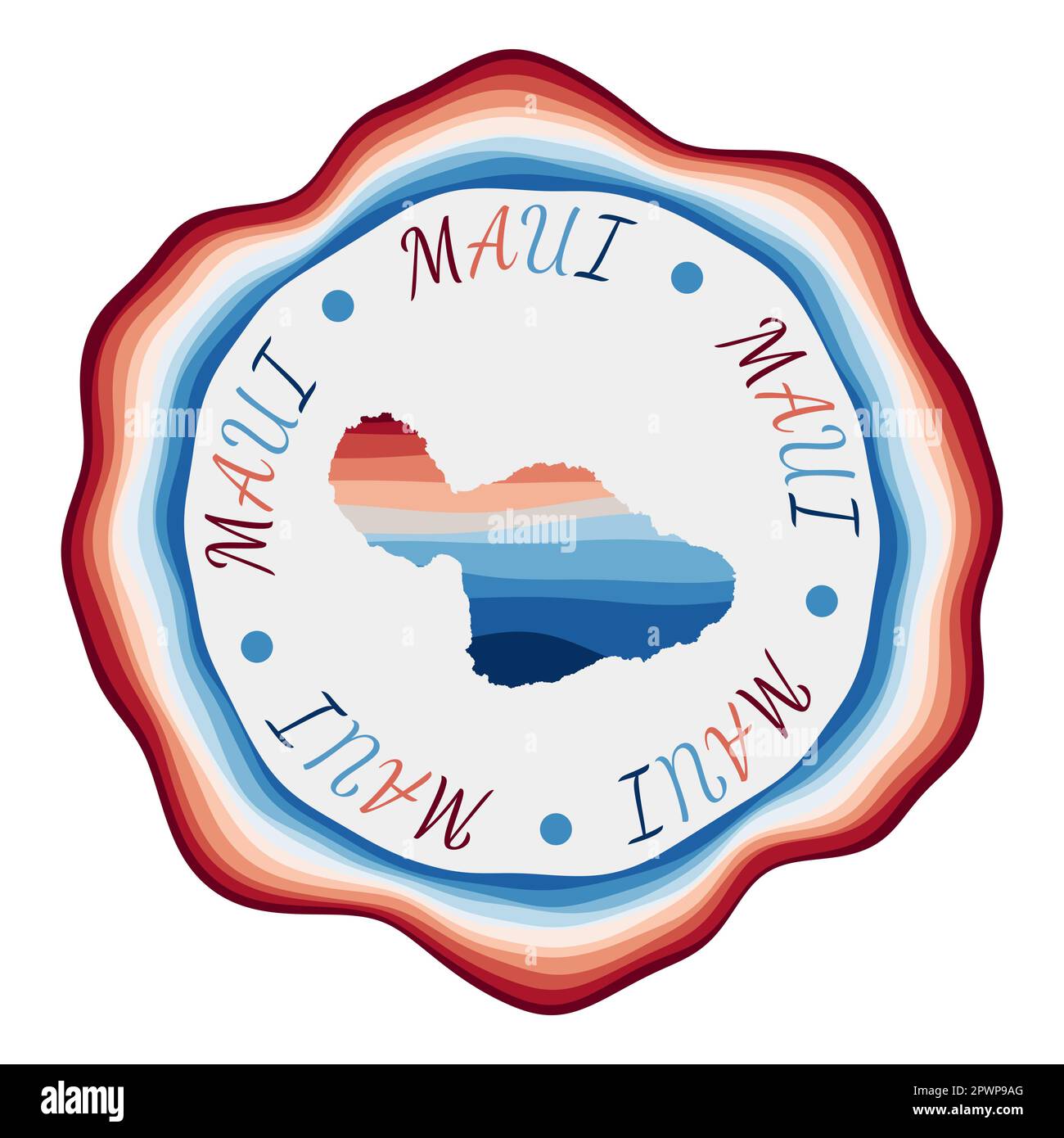 Maui Badge Map Of The Island With Beautiful Geometric Waves And Vibrant Red Blue Frame Vivid