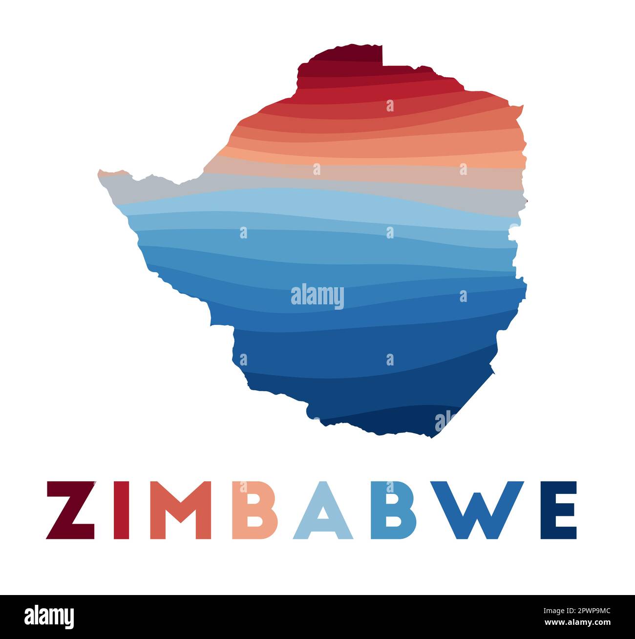 Zimbabwe map. Map of the country with beautiful geometric waves in red and blue colors. Vivid ...