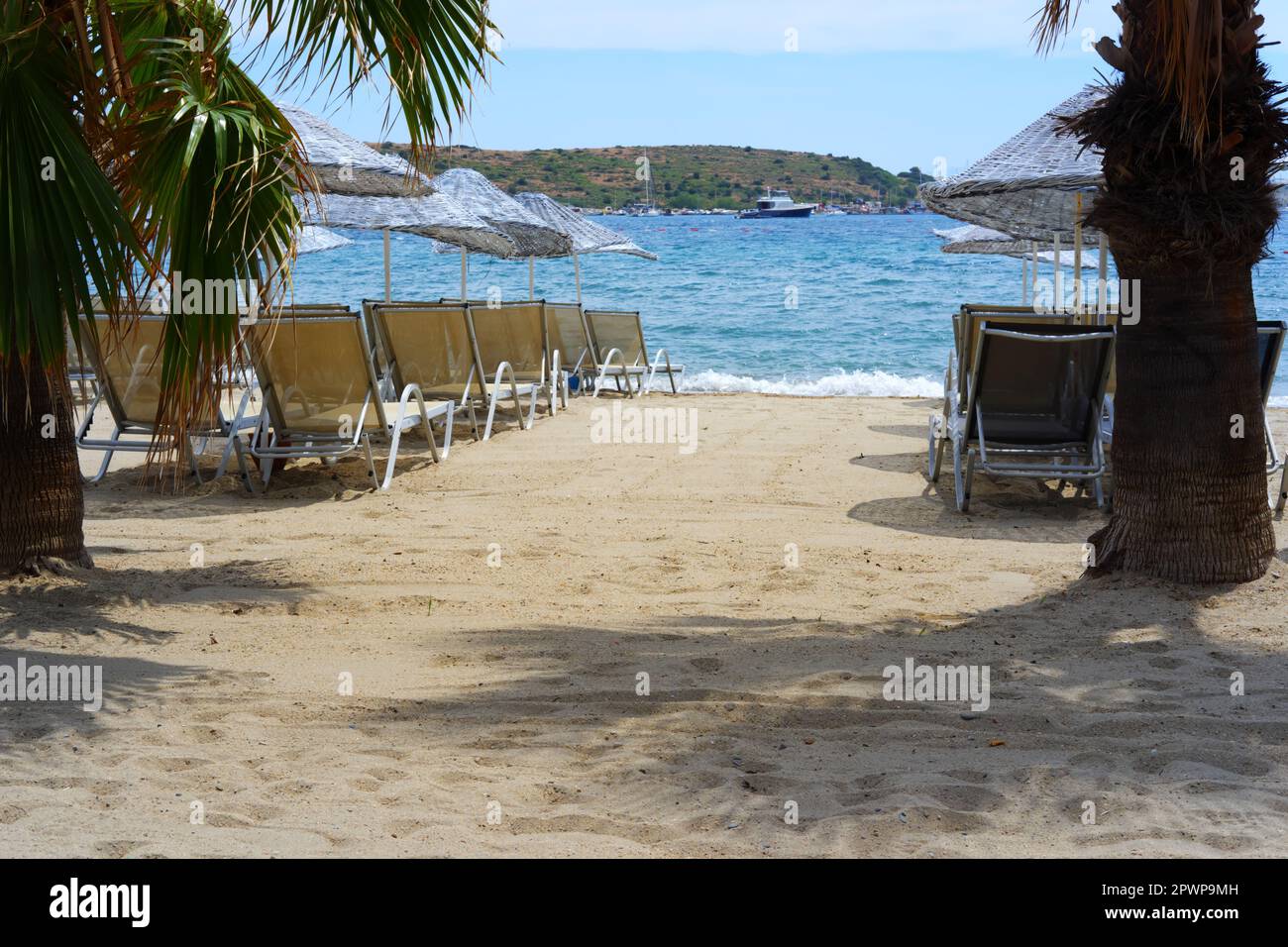 Empty seabeds at sandy beach with bambu umbrellas. Hills and trees at ...