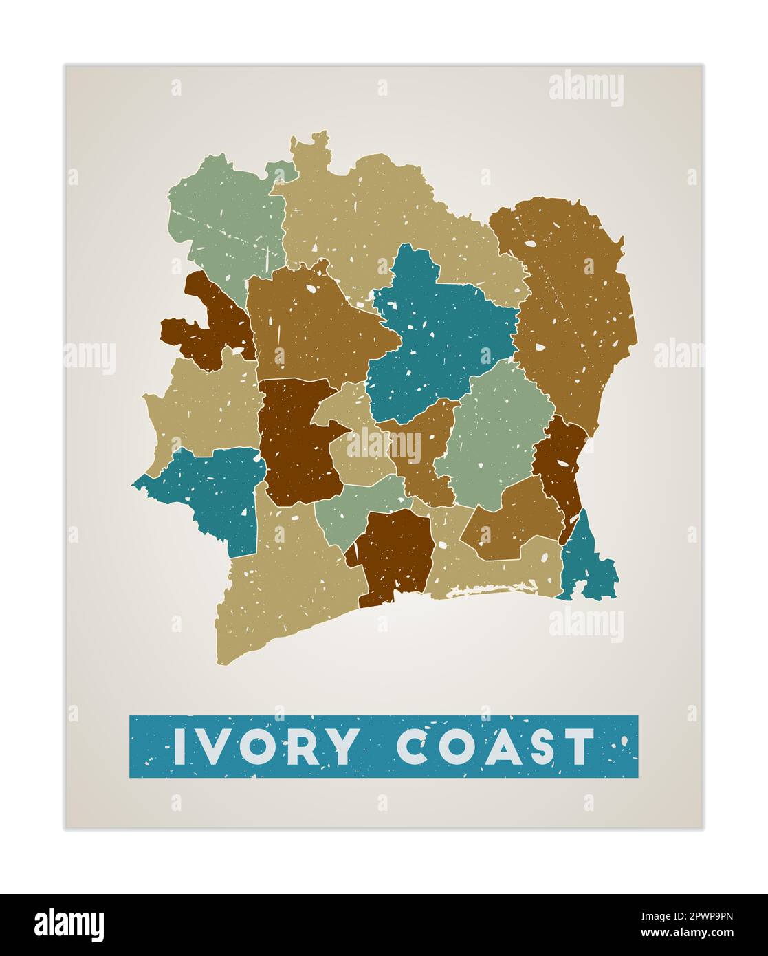 Ivory Coast map. Country poster with regions. Old grunge texture. Shape ...