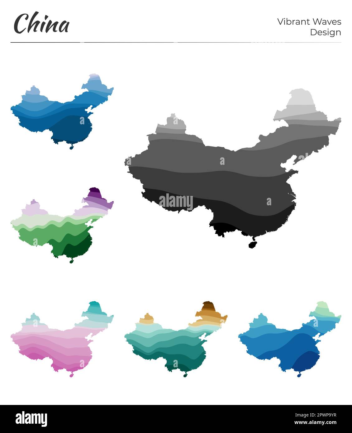 Set of vector maps of China. Vibrant waves design. Bright map of ...