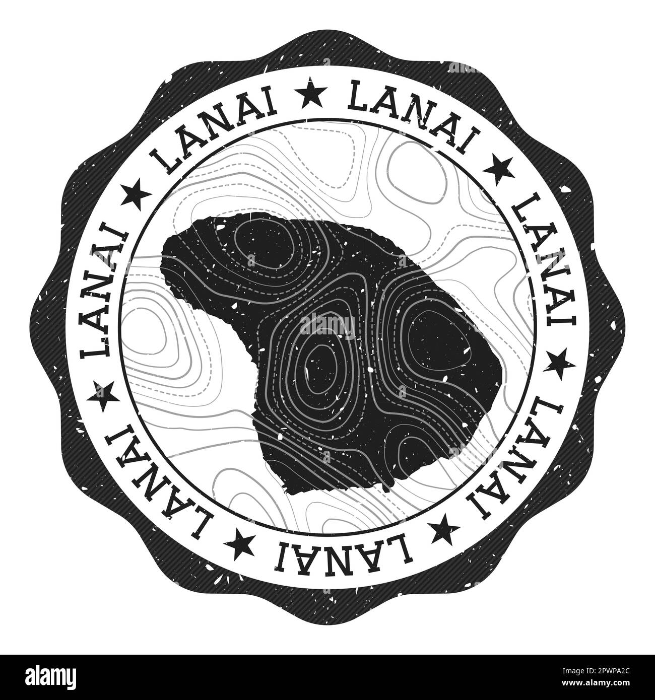 Lanai outdoor stamp. Round sticker with map of island with topographic ...