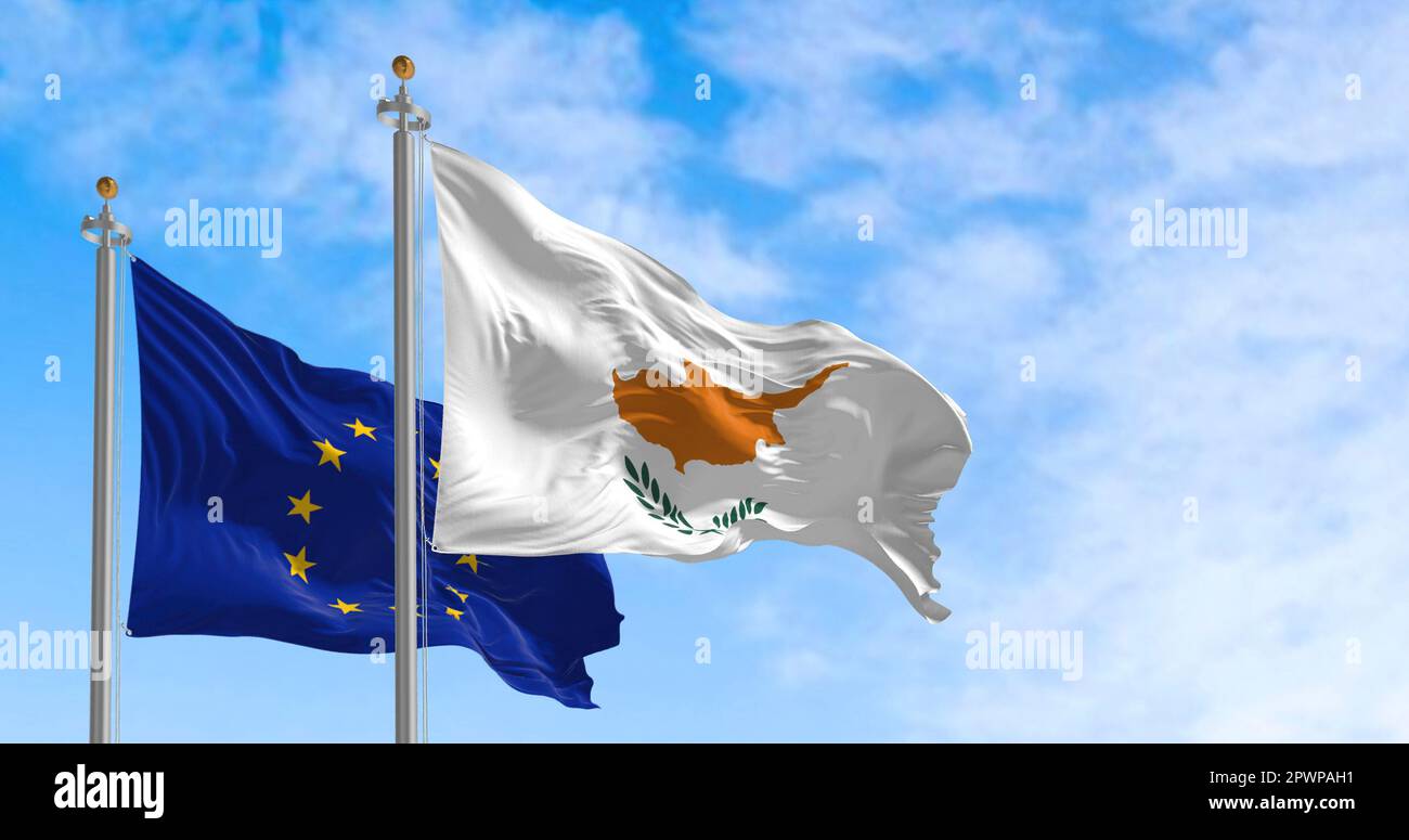 The flags of Cyprus and the European Union waving together on a clear ...
