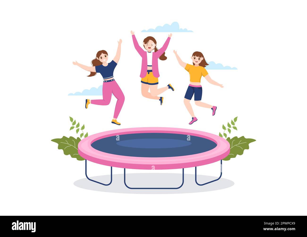 Trampoline Illustration with Youth Jumping On a Trampolines in Hand ...