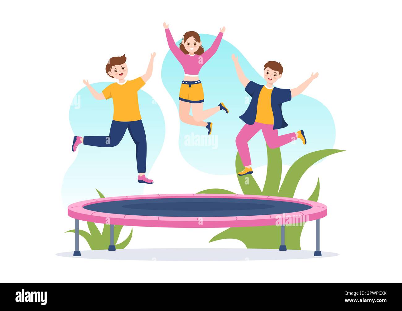 Trampoline Illustration with Youth Jumping On a Trampolines in Hand ...