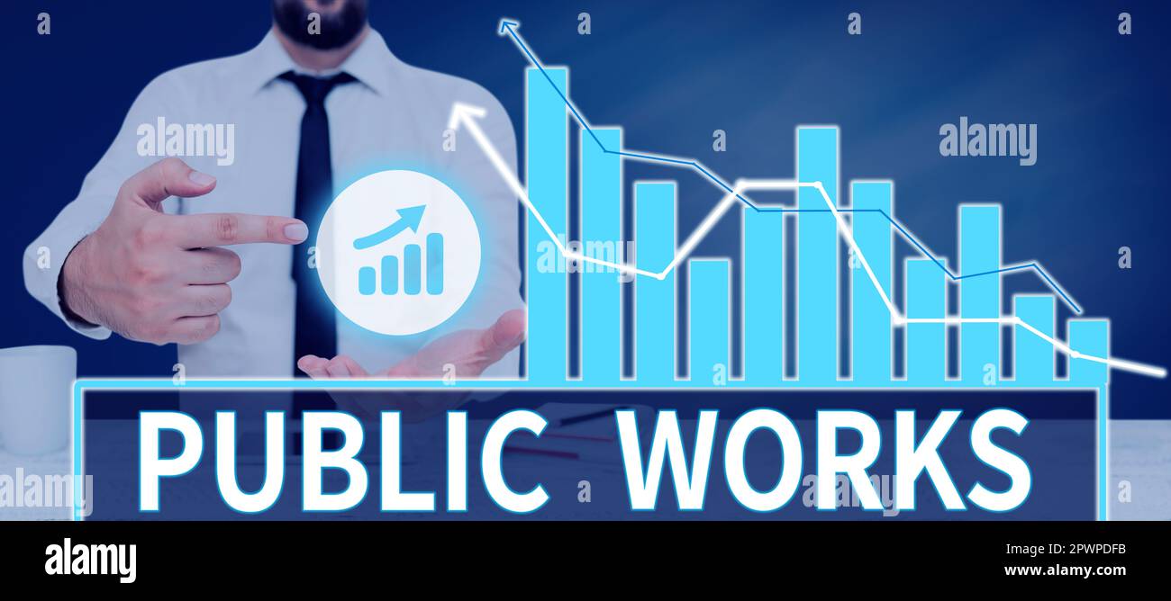 Text sign showing Public Works, Business idea Describes the viewing of ...